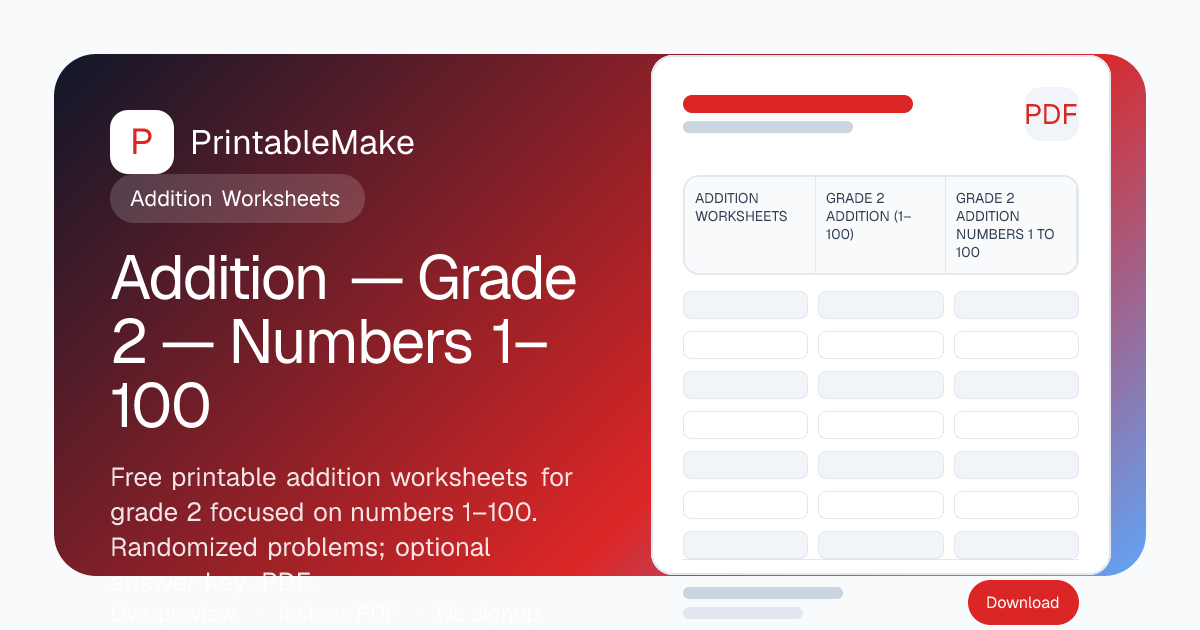 Grade 2 Addition Worksheets (1–100) — Free Printable PDF
