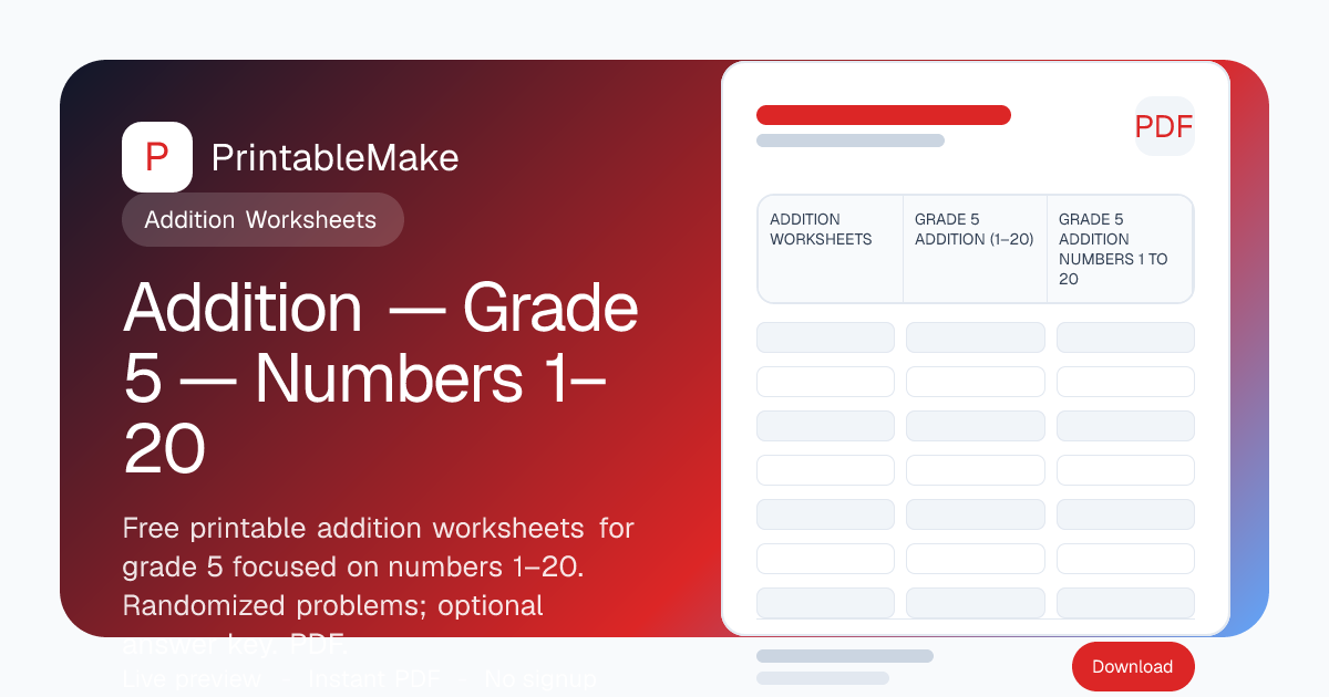 Grade 5 Addition Worksheets (1–20) — Free Printable PDF