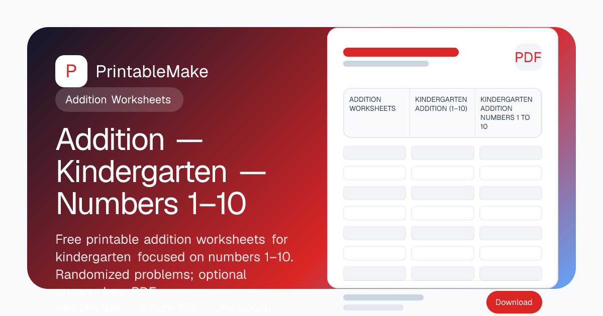 Kindergarten Addition Worksheets (1–10) — Free Printable PDF