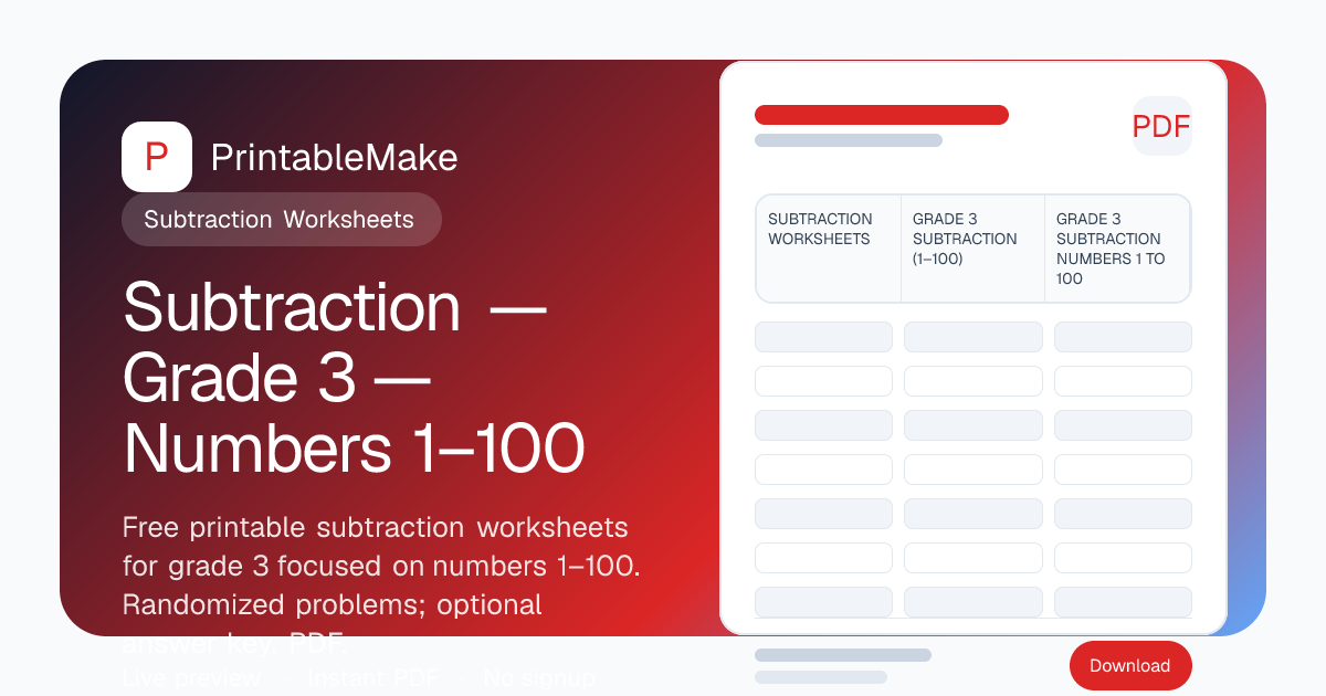Grade 3 Subtraction Worksheets (1–100) — Free Printable PDF