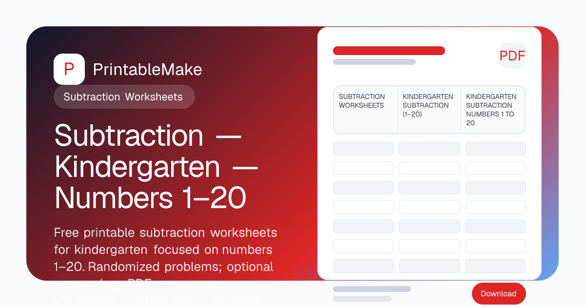 Kindergarten Subtraction Worksheets (1–20) — Free Printable PDF