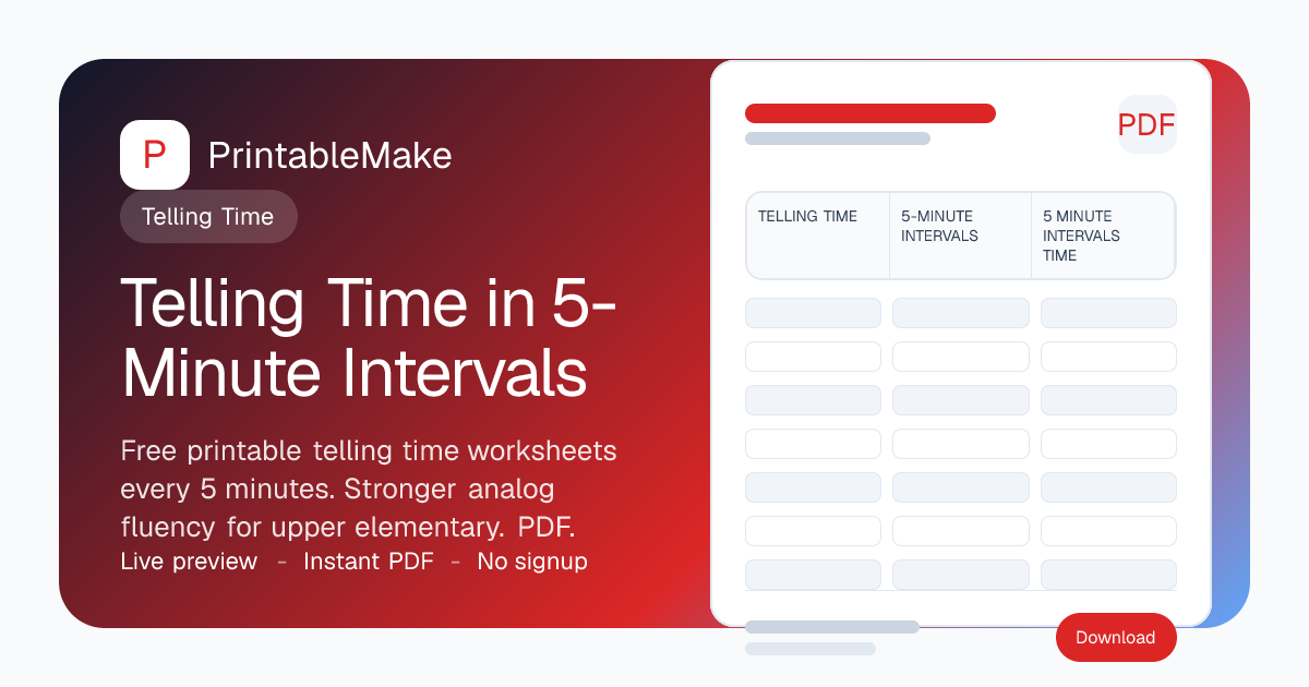 5-Minute Interval Clock Worksheets — Free Printable PDF
